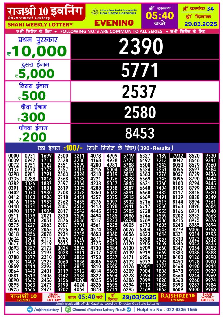 Rajshree 10 evening shani weekly lottery 5.40pm result 29 March 2025 ...
