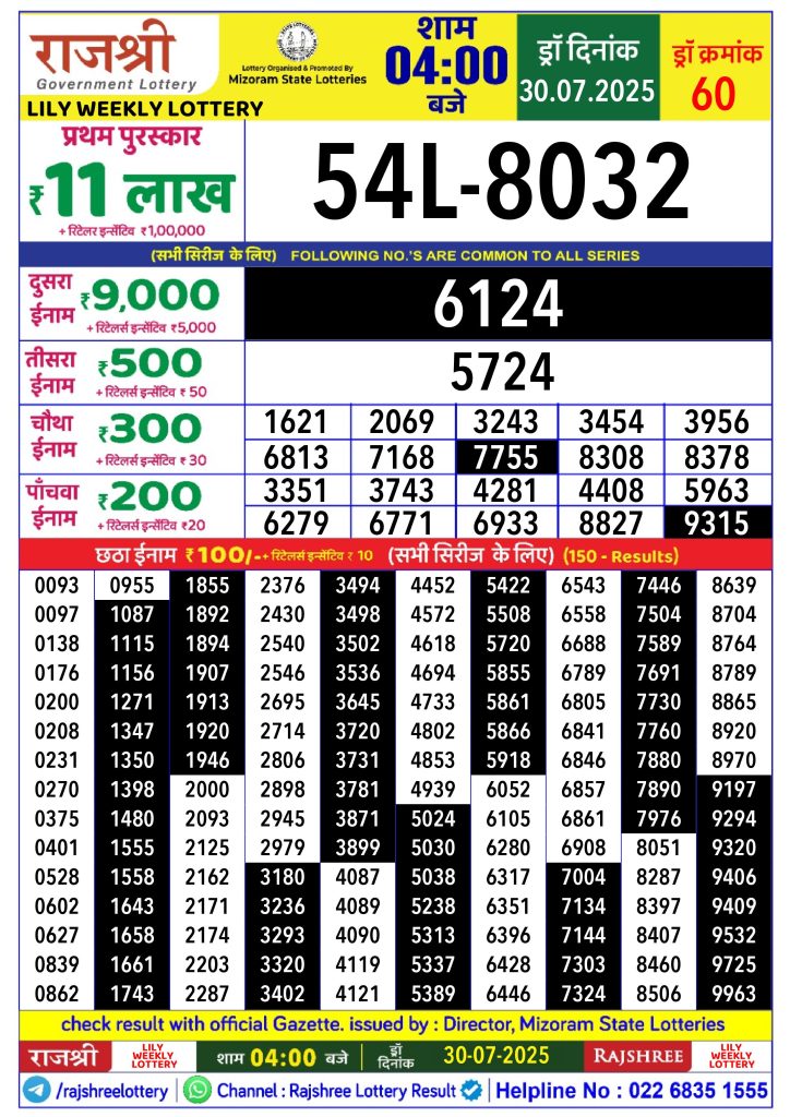 Rajshree Lily Weekly Lottery 4pm Result 30 July 2025 Published