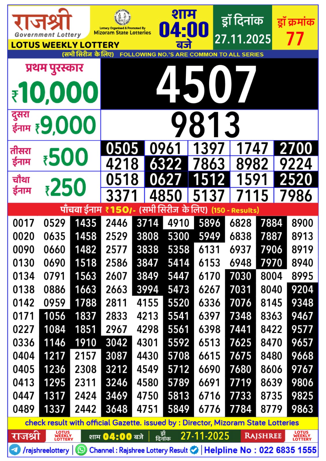 Rajshree Lotus Weekly Lottery 4pm Result 27 November 2025 Published