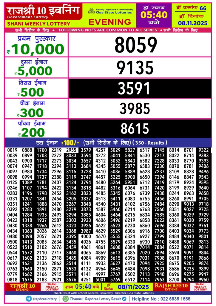 Rajshree 10 Evening Shani Weekly Lottery 5.40pm Result 08 November 2025 ...