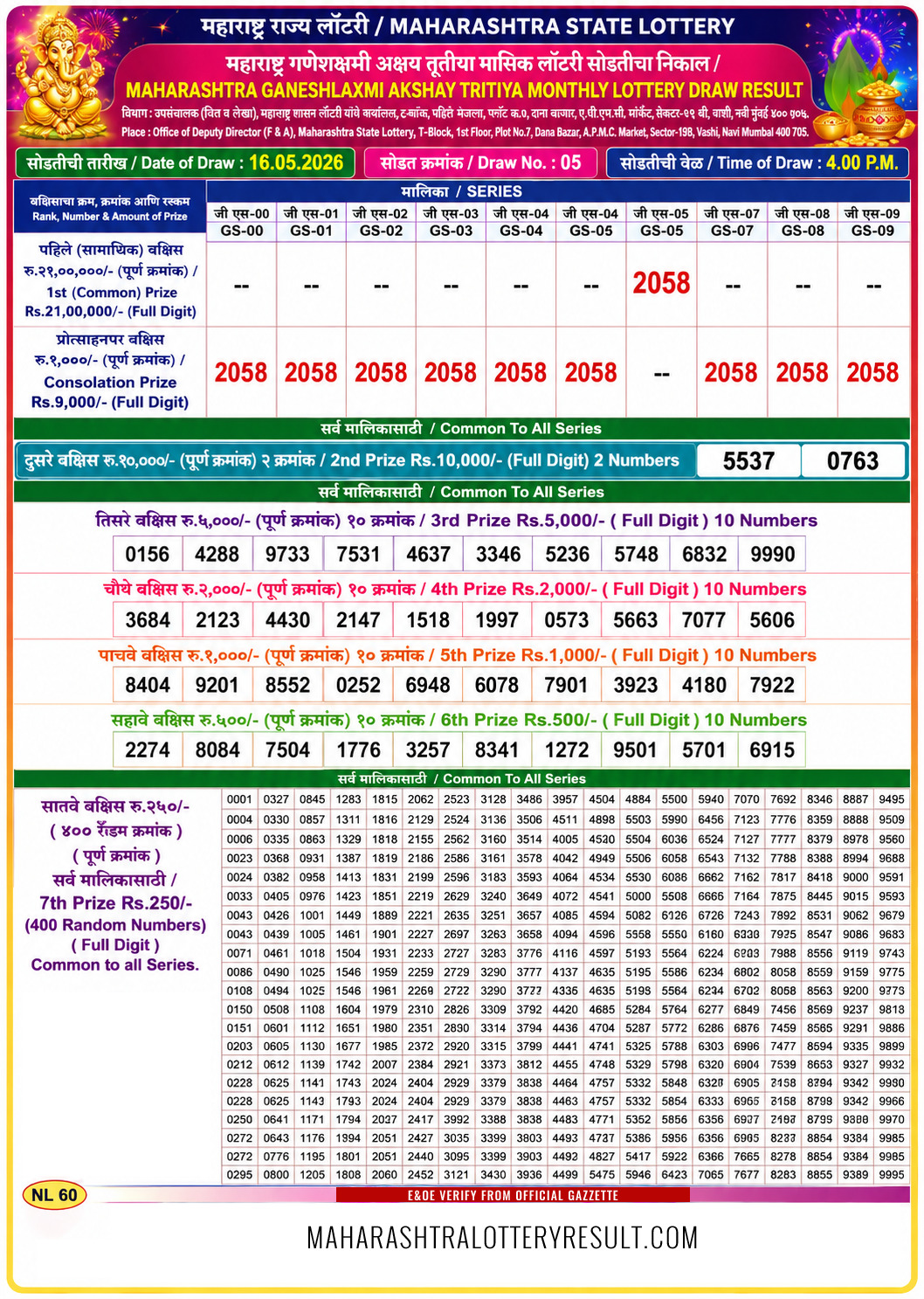 Maharashtra State Ganesh Laxmi Monthly Lottery Result 16 May 2026 Published